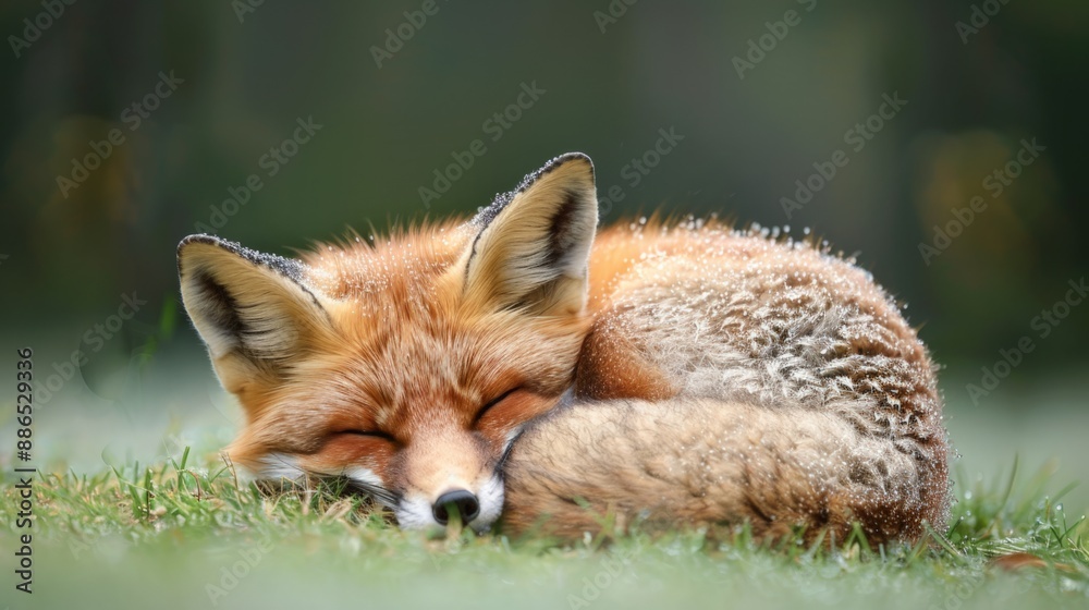 Sleeping red fox curled up on grassy ground, peaceful and serene ...