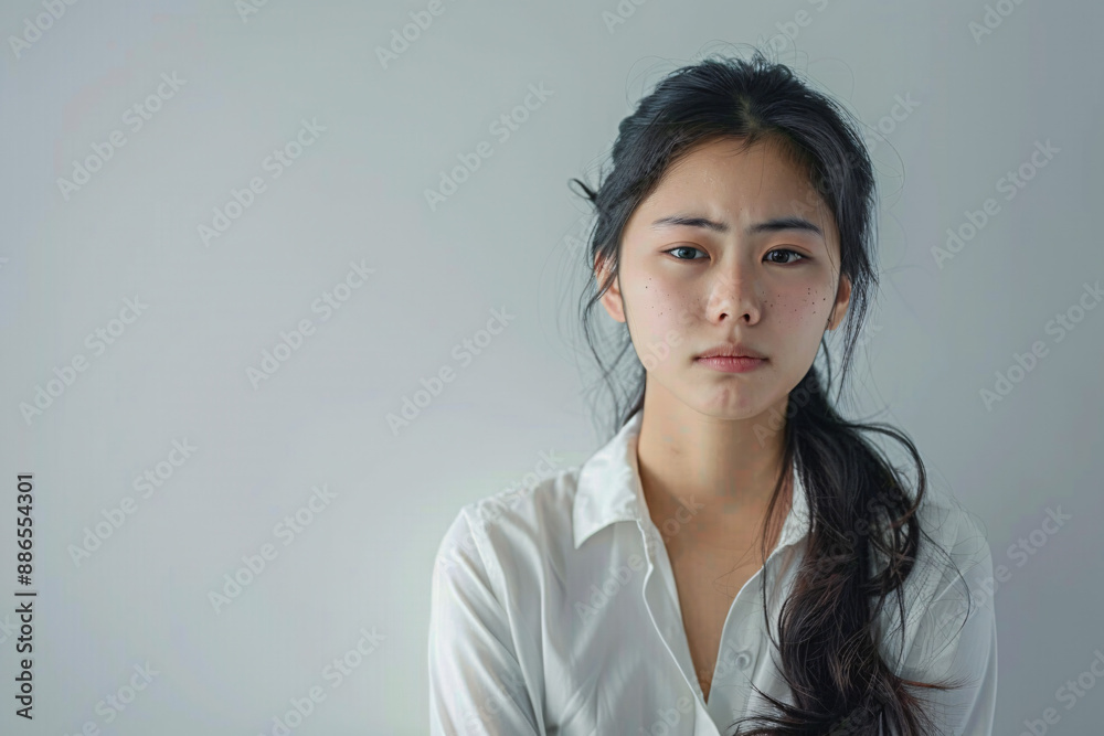 An upset and disappointed Asian office girl in professional attire in a ...