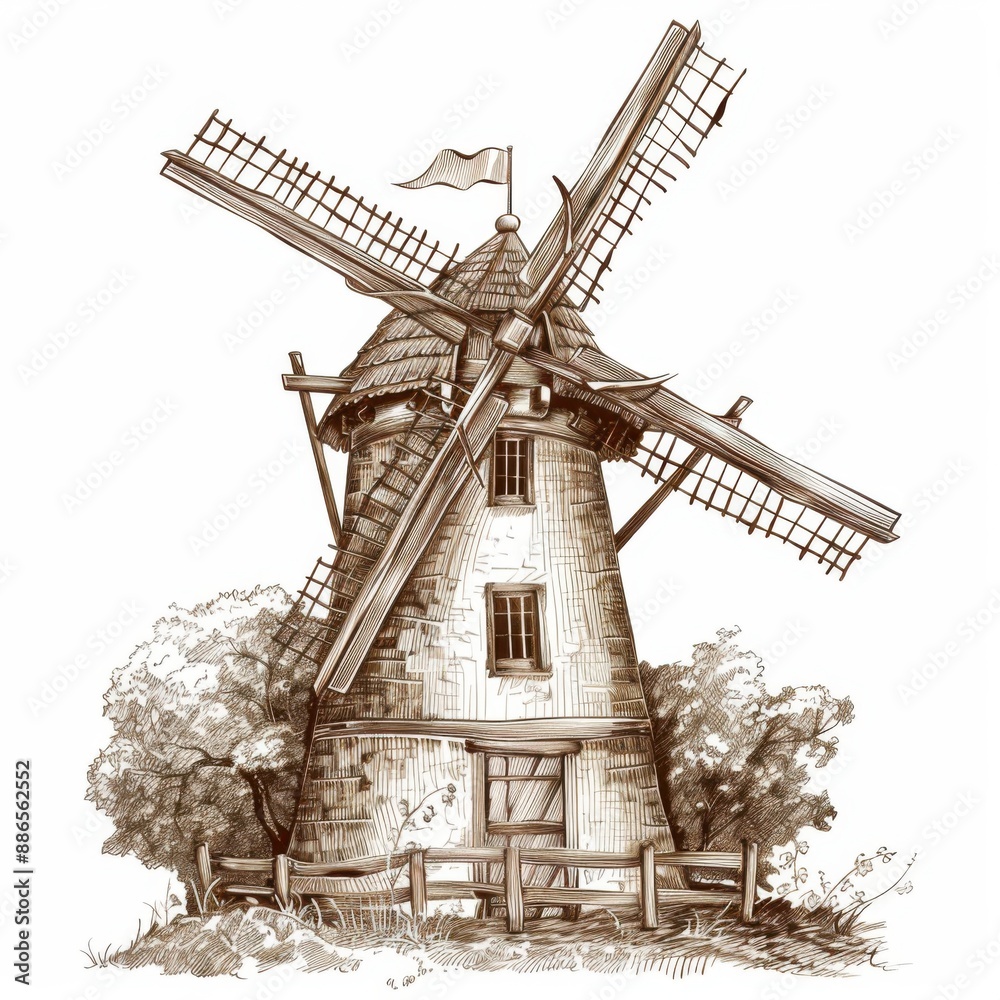 Rustic Pencil Sketch of Traditional Windmill in Earthy Tones - Rural ...