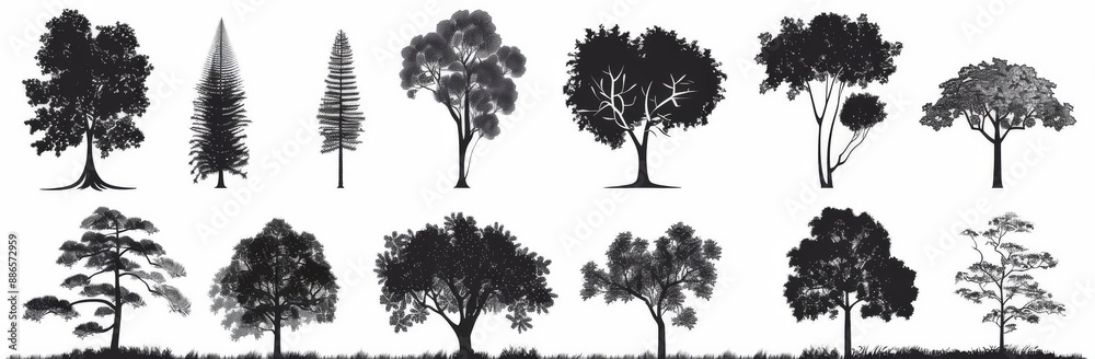 Silhouette tree line drawing set. Side view, set of graphics trees elements outline symbol for ...
