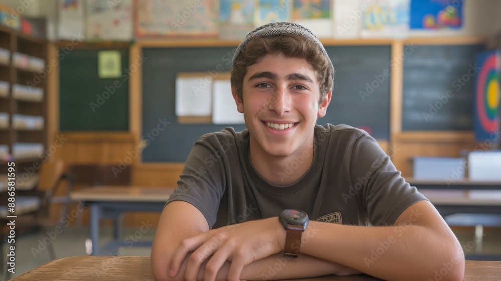 Jewish Male Student in Classroom, Smiling Young Man Wearing Kippah ...