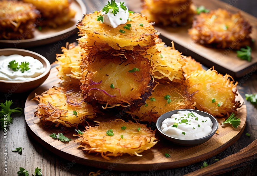 crispy potato latkes sour cream dollop, fried, appetizer, grated ...