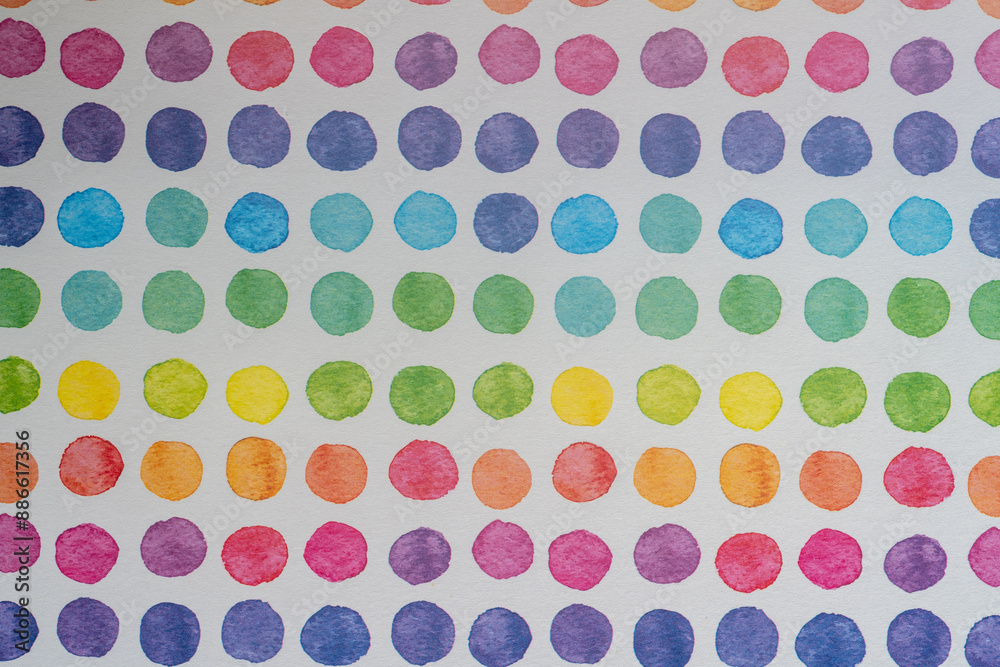 watercolor rainbow dots on a white paper canvas, the vibrant dots are ...