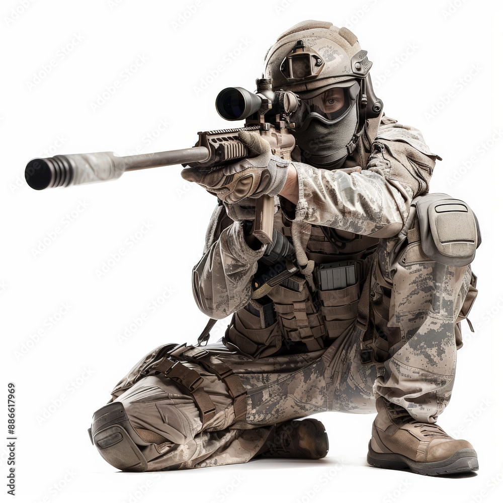 A sniper wearing tactical gear and night vision goggles, crouched and ...