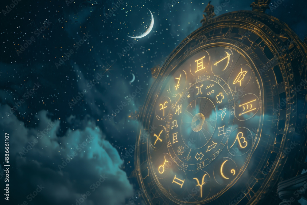 A large clock with a crescent moon and stars in the background Stock ...