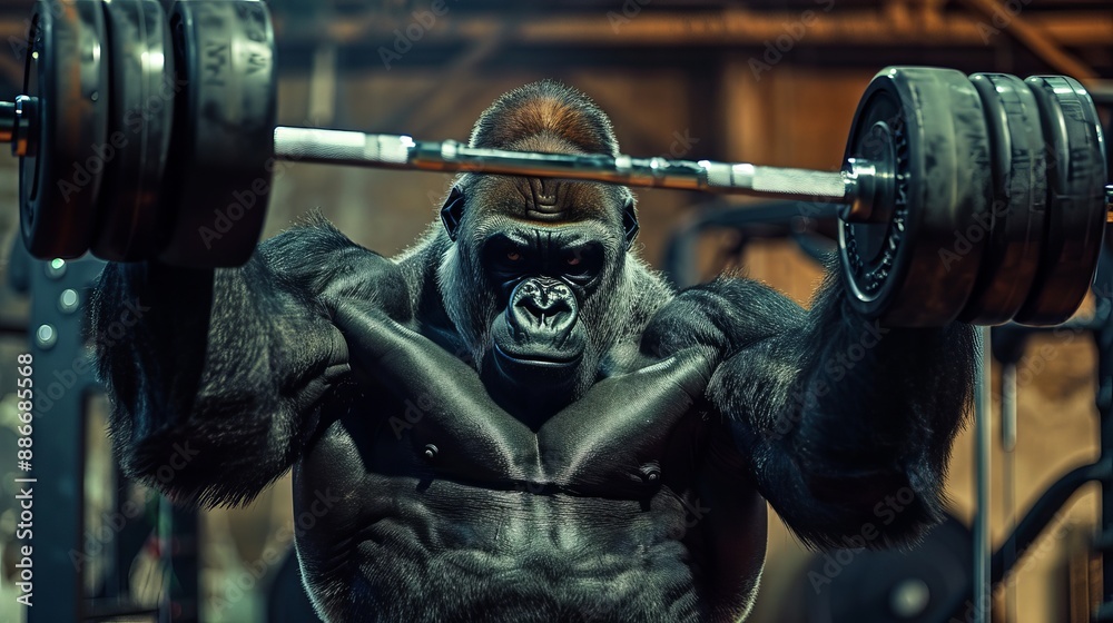 a muscular gorilla doing workout in jungle gym. a black big gorilla ...