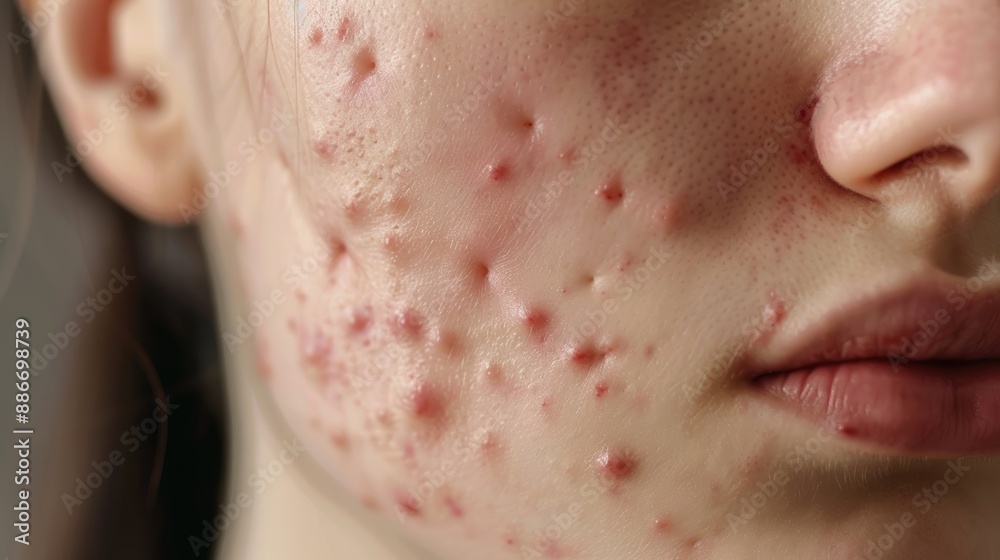 acne on woman face with rash skin, scar, and red skin syndrome allergic ...