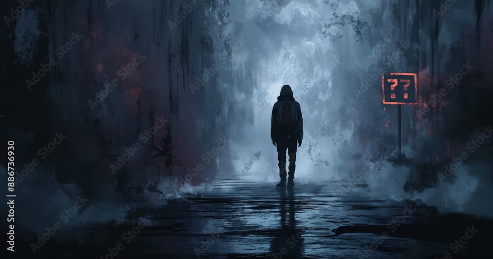 digital painting style a man walking on dark narrow street with ...