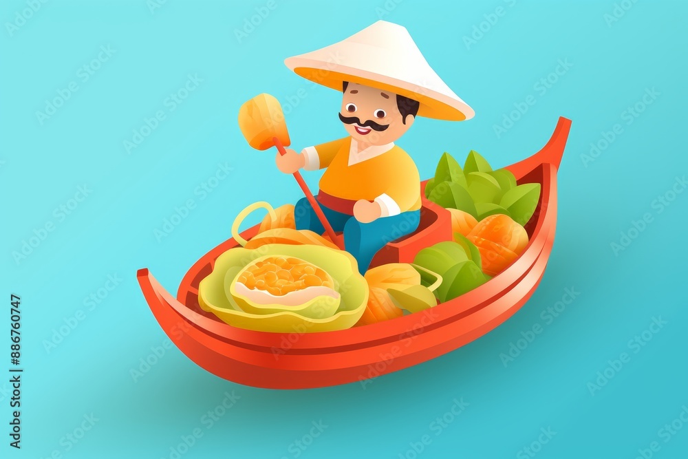 Cartoon-style illustration Asian fisherman rowing sampan filled with ...