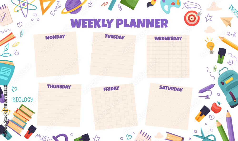 Weekly planner, back to school timetable template with school supplies ...