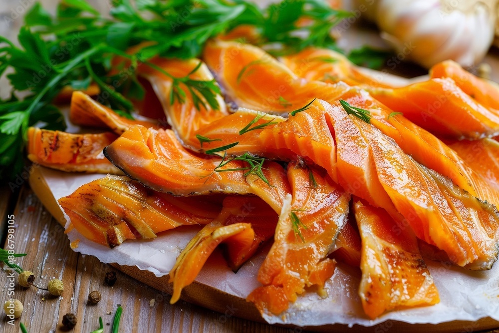 A vibrant and mouthwatering presentation of smoked salmon belly, a true ...
