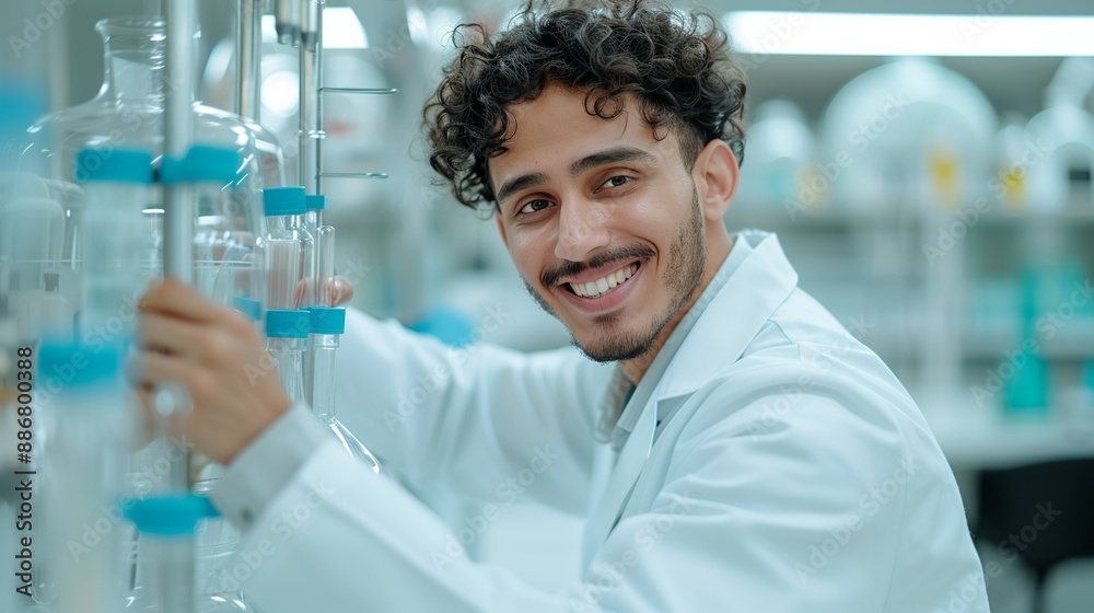Arab scientist in a lab coat smiling while conducting an experiment in ...