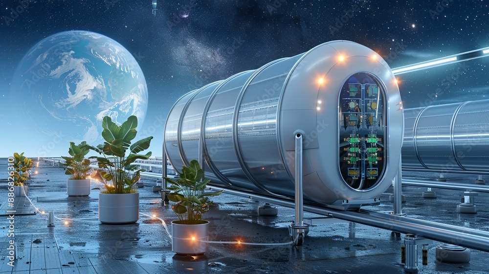 Lunar colony with biodomes and solar farms, under a starry sky with ...