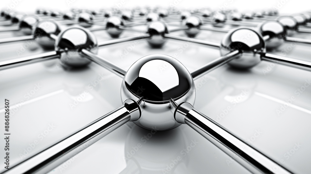 3d social networking chrome nodes background, interconnected by black lines to form a grid ...