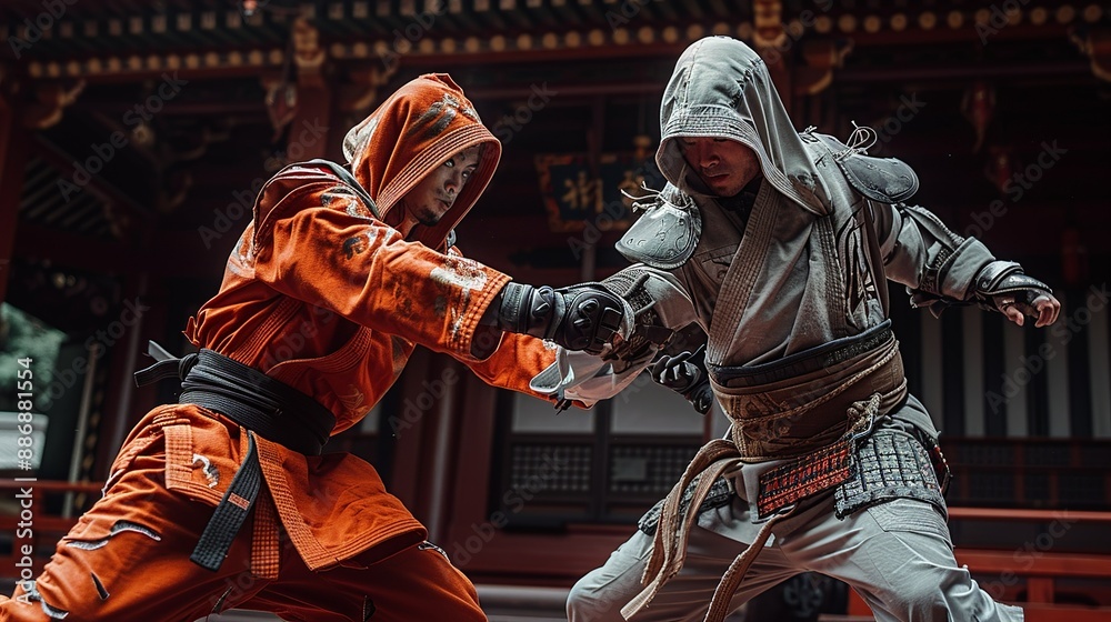 Intense moment of a stunt performer fighting off attackers in a martial ...