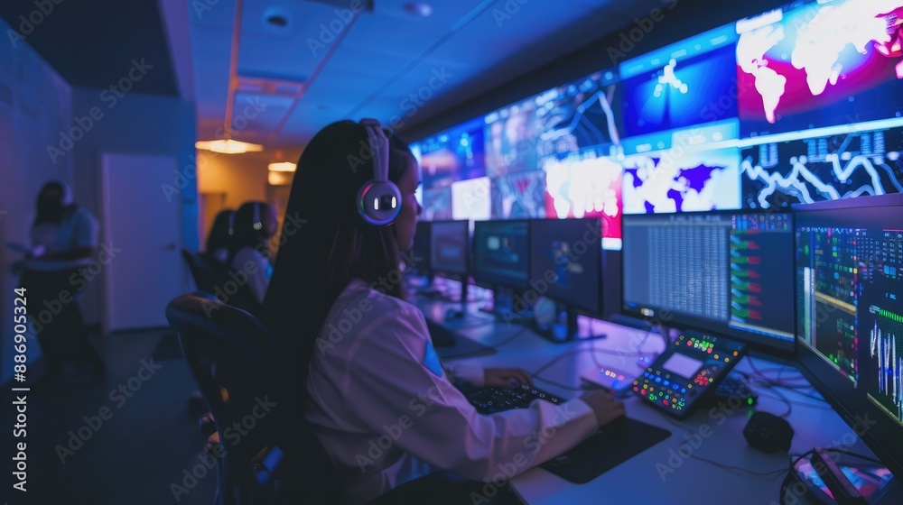 cutting-edge and professional image of a network operations center (NOC) with technicians ...