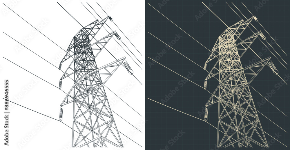 Technical drawings of high voltage electric pole with wires Stock ...