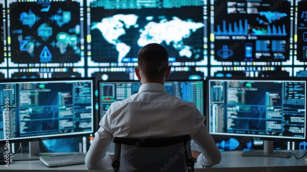 Man monitoring multiple computer screens with data and maps in a ...