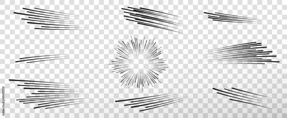 Set of black speed lines on a transparent background. Motion effect ...