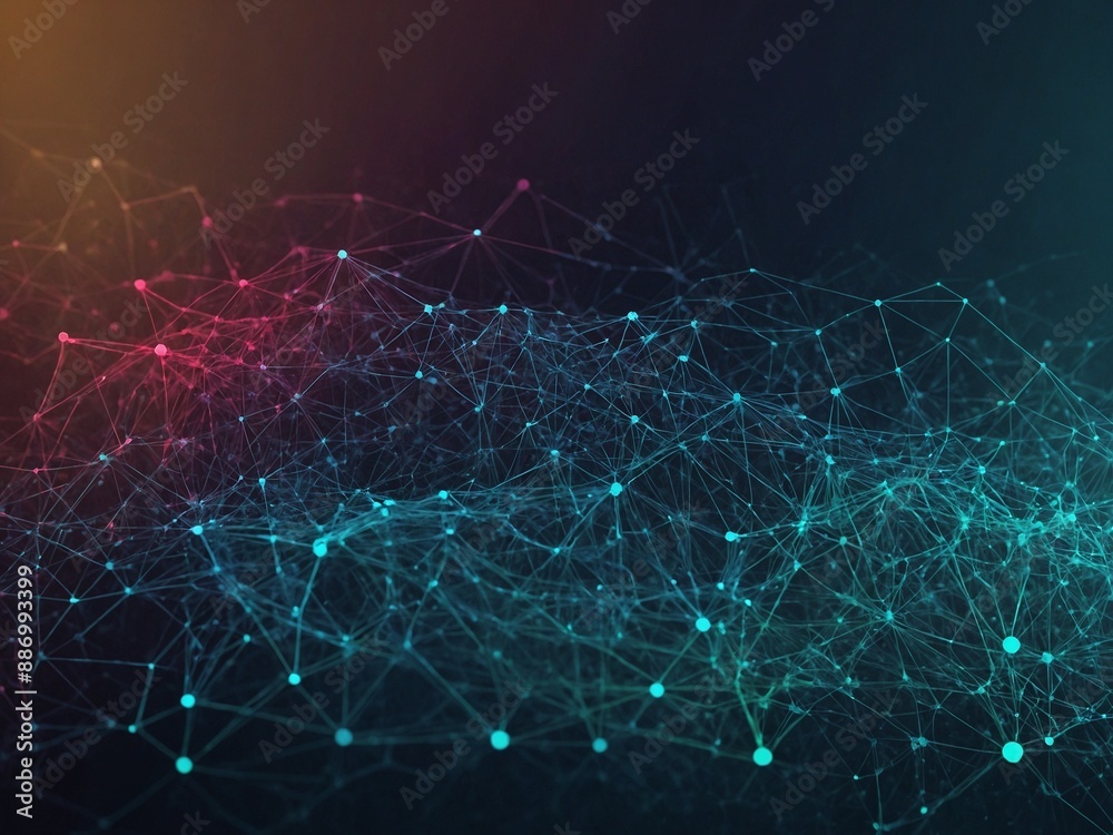 Luminous mesh of interconnected nodes, edges sprawls across dark background, forming intricate ...