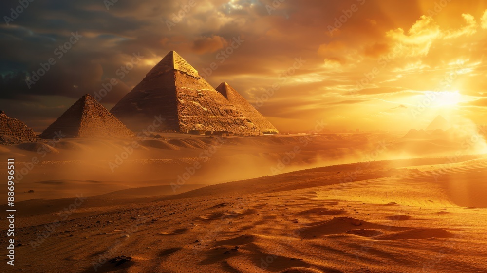 A sandy desert during sunrise abandoned in the distance pyramids with ...