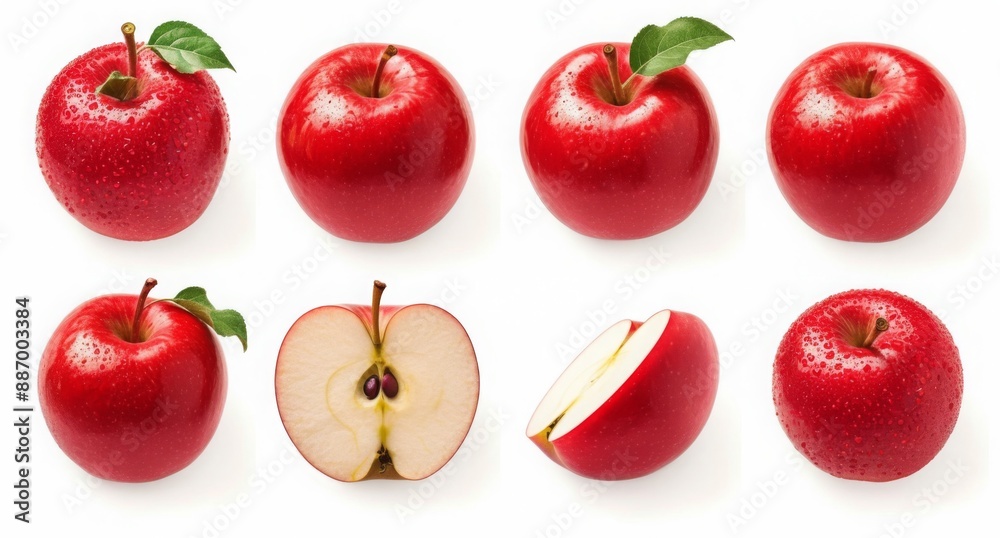 Red apple apples, many angles and view side top sliced halved cut isolated on transparent ...