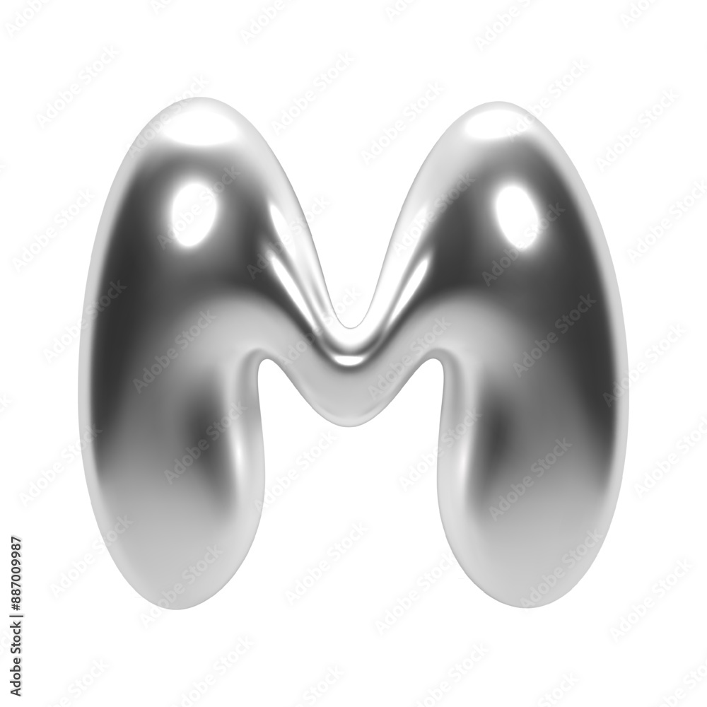 3D chrome letter M in futuristic Y2K bubble style. Inflated liquid ...