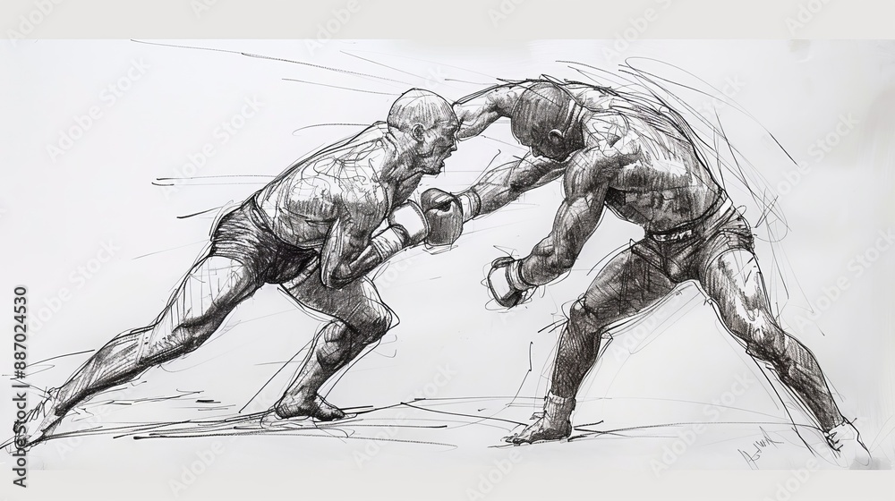 Artistic sketch of two fighters in combat, wearing gloves, clearly ...