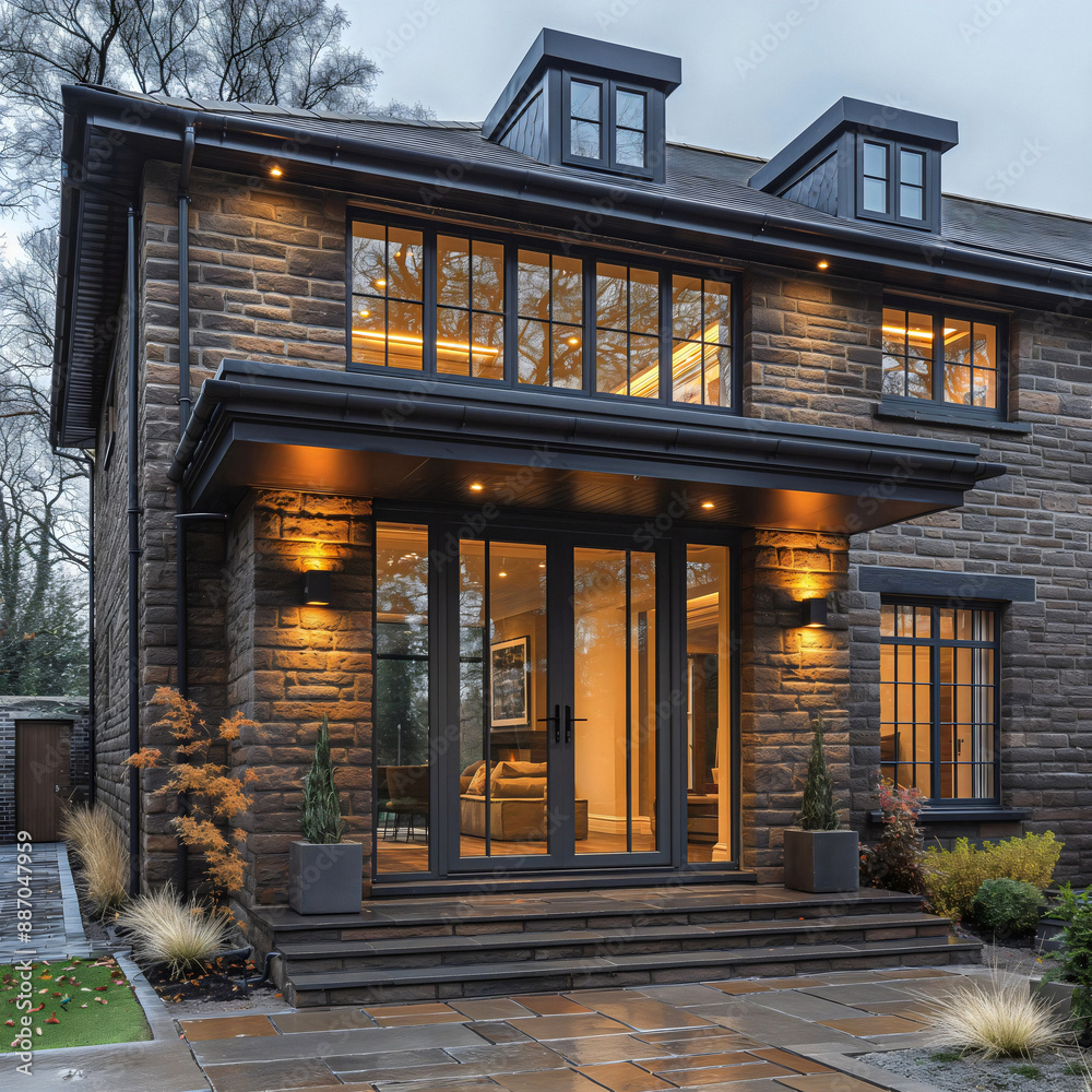 Glazed veranda with a flat roof on the external facade of an existing ...