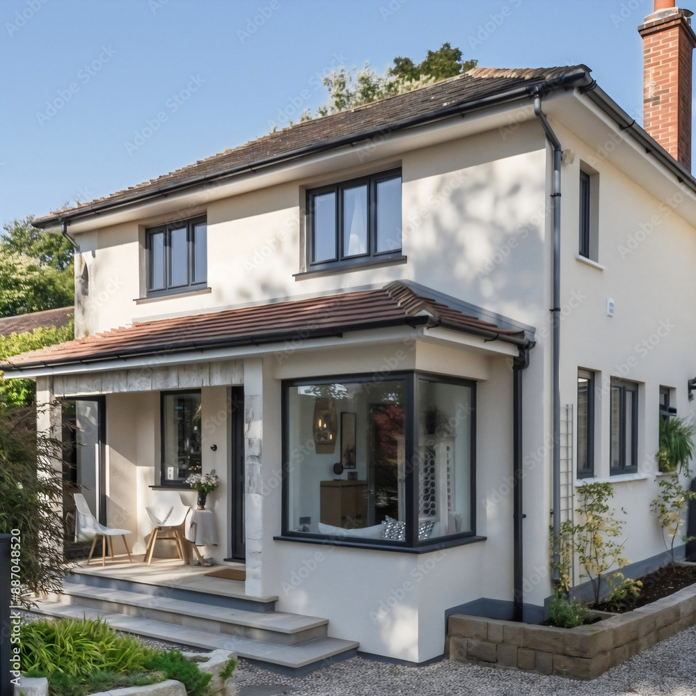 Glazed veranda with a flat roof on the external facade of an existing ...