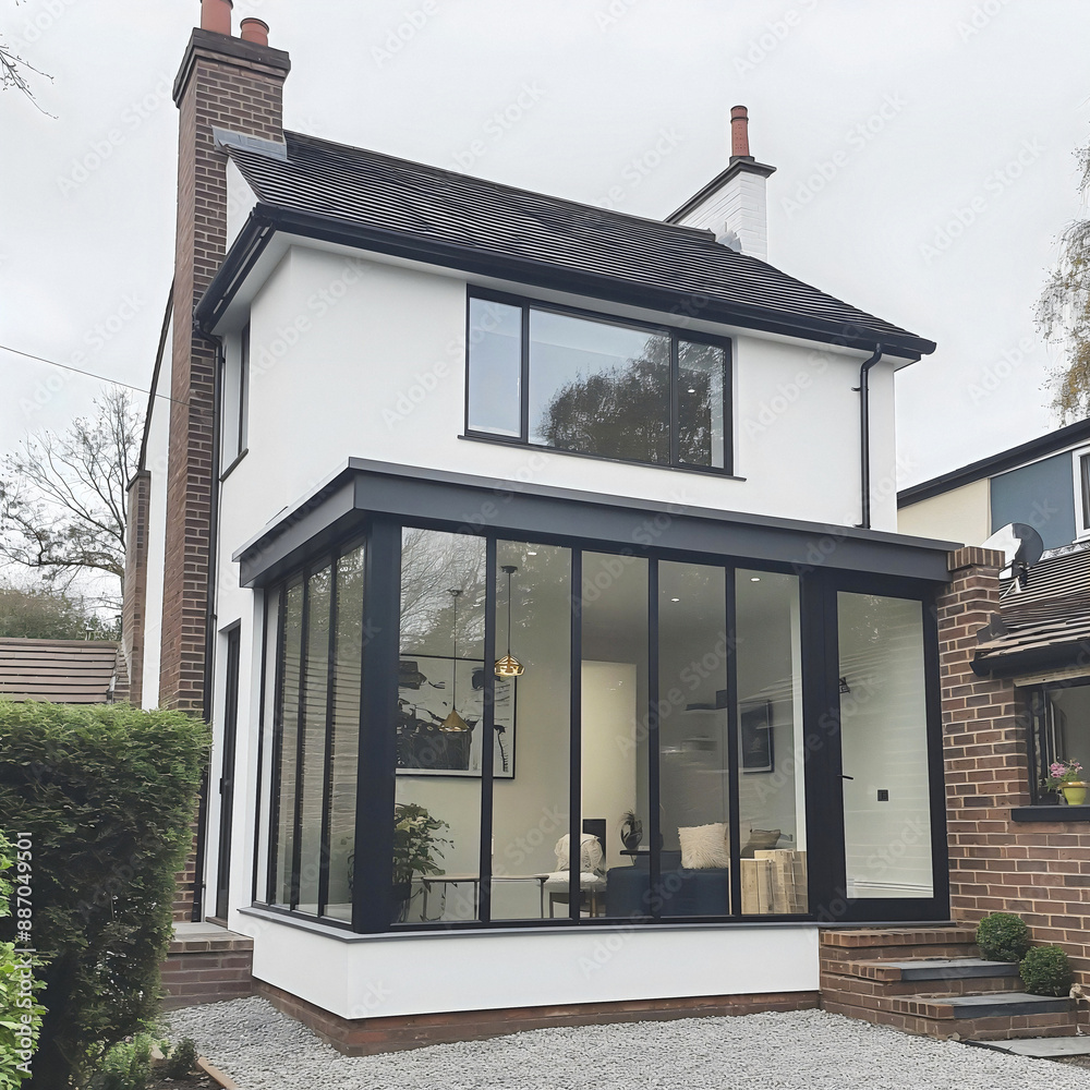 Glazed veranda with a flat roof on the external facade of an existing ...