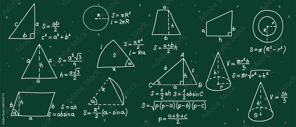 Mathematics formulas set. Hand drawn math geometry formulas. School ...