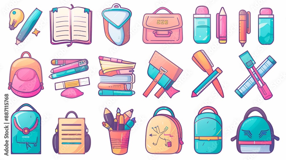 This image consists of a vibrant array of cartoon icons representing ...