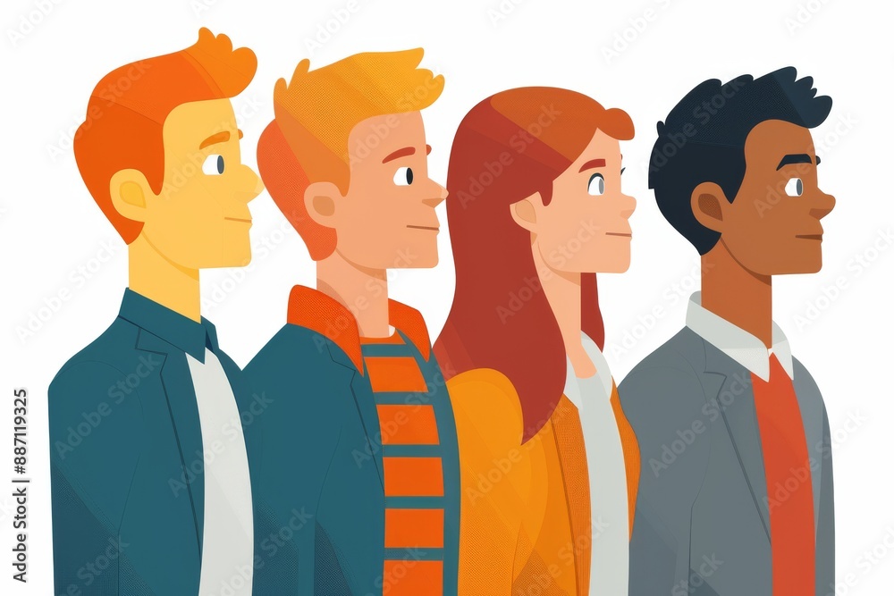 Cartoon illustration of diverse faces in profile, symbolizing unity and ...