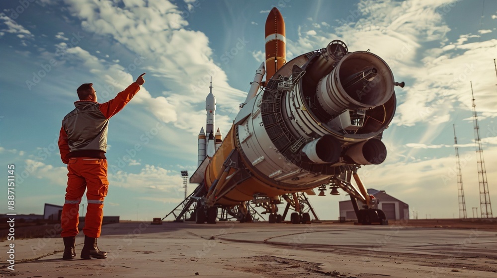 Standing proudly in front of a massive rocket, an aerospace engineer ...