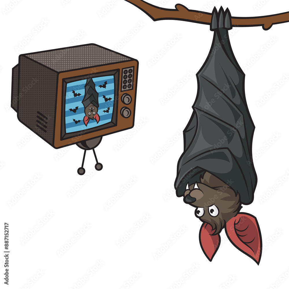 Cartoon bat watching TV upside down pinup pop art retro PNG ...