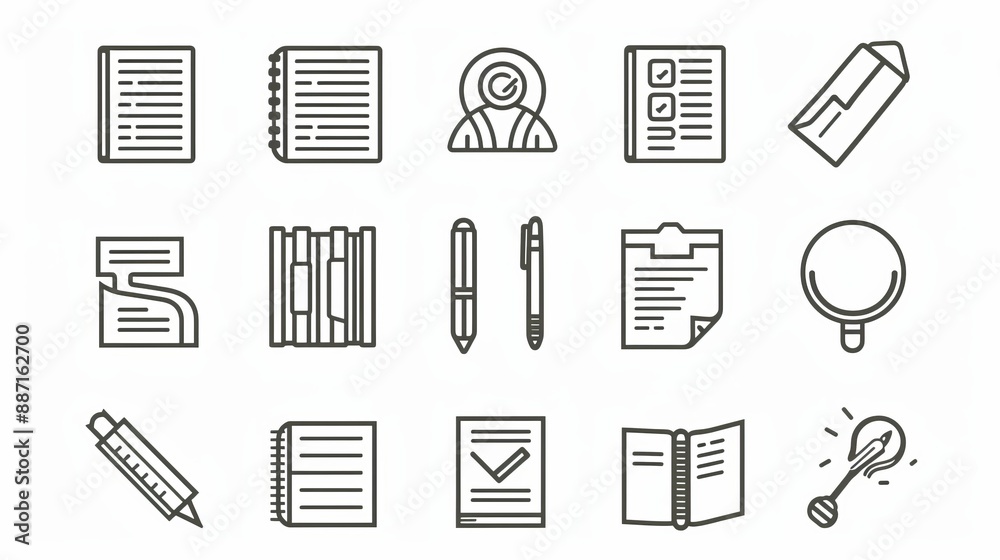 The grayscale icons in this image depict various office supplies and ...