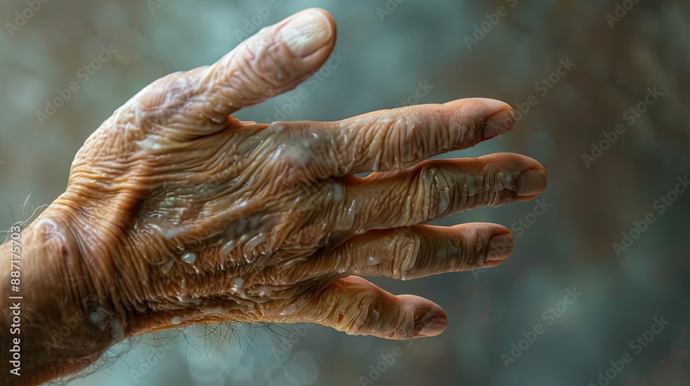 Man scratch oneself dry flaky skin on hand with psoriasis vulgaris ...