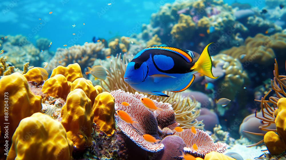 Royal blue tang with tropical fish surrounded by coral reef and anemone ...