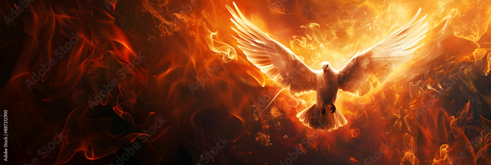 Winged dove in flames, symbolizing transformation and spirituality with ...