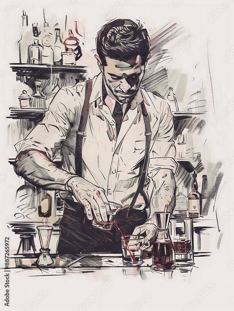 Bartender line art 2 colors 360 cartoon, illustration, comic, funny ...