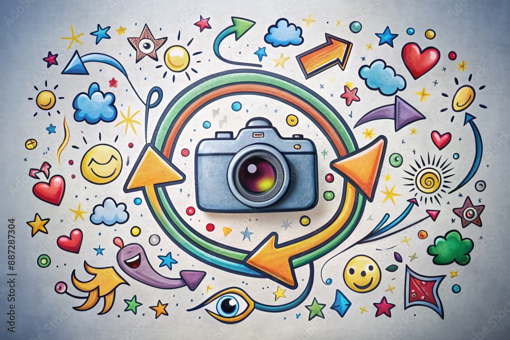 Whimsical hand-drawn doodle signs and emoticon effects featuring curved ...