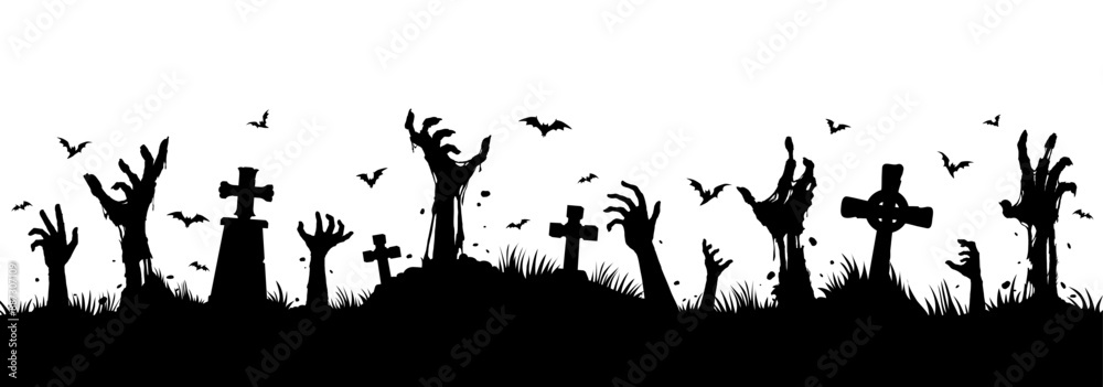 Zombie hands on cemetery silhouette. Vector scary and creepy graveyard ...