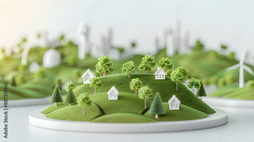 The innovative city model mock-ups of houses, trees, and wind turbines ...