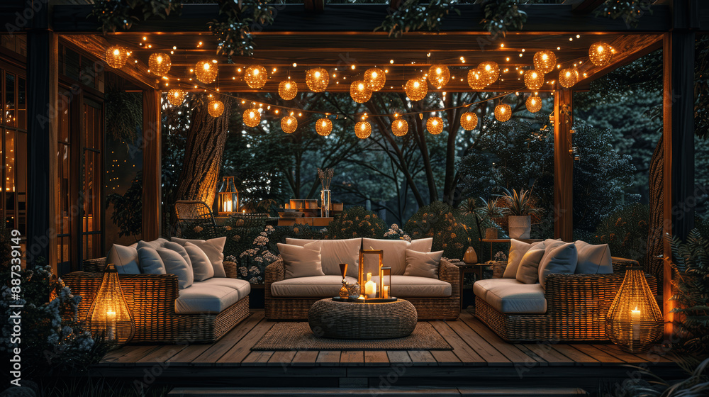 Idyllic summer evening on a cozy suburban patio with lanterns and ...