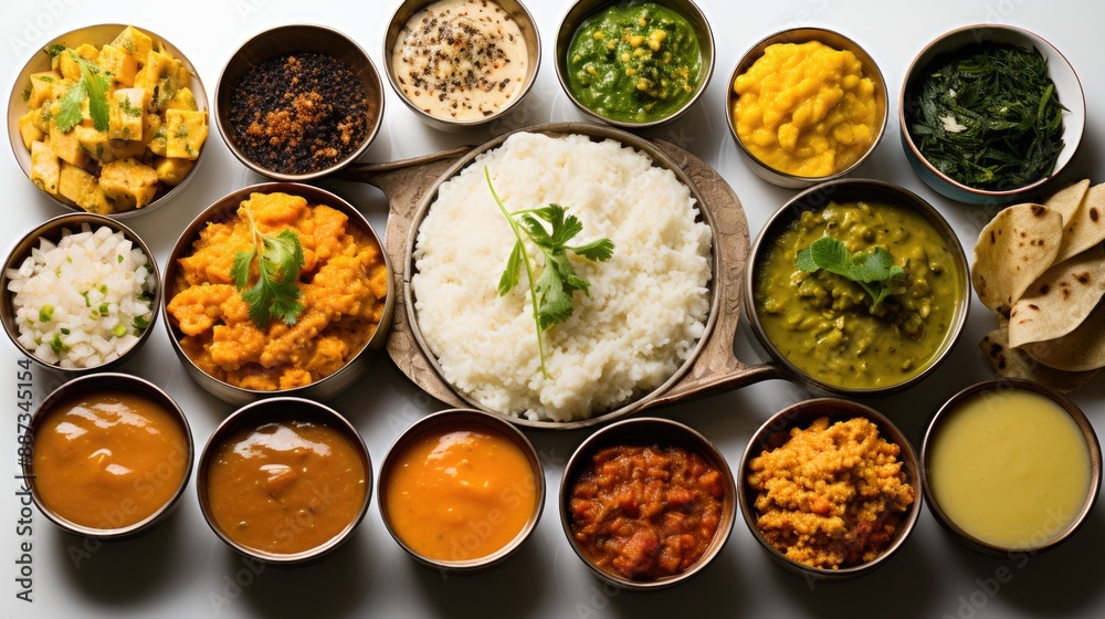 Indian ethnic food buffet on white concrete table from above: curry ...
