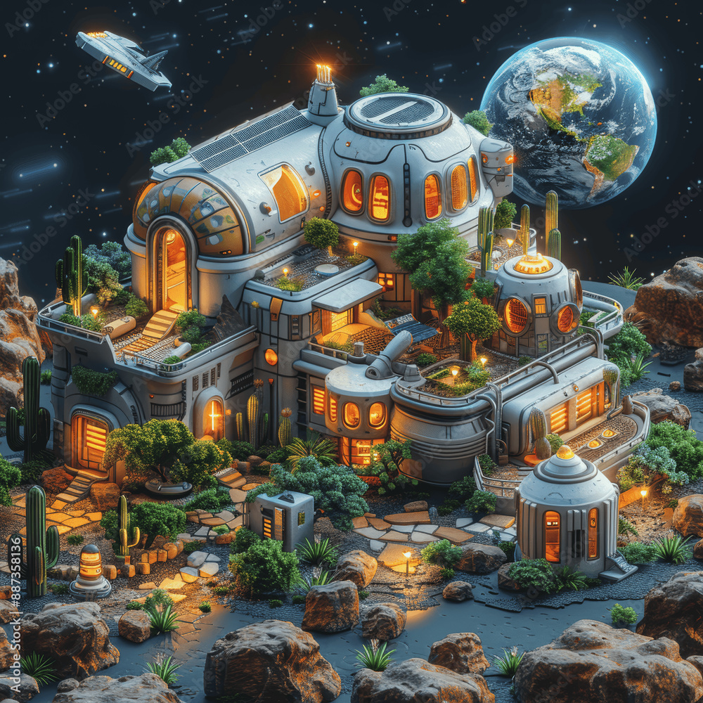 isometric low poly space station with spaceship solar panels and desert ...