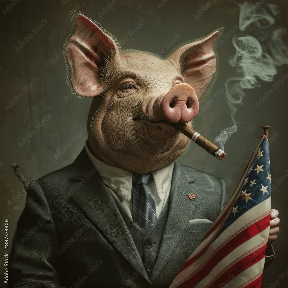 A humanoid pig in a suit with a flag and cigar, featuring fantastical ...