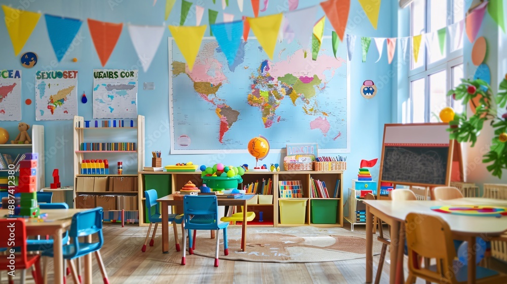 Colorful preschool classroom with multicultural books, world map, and ...