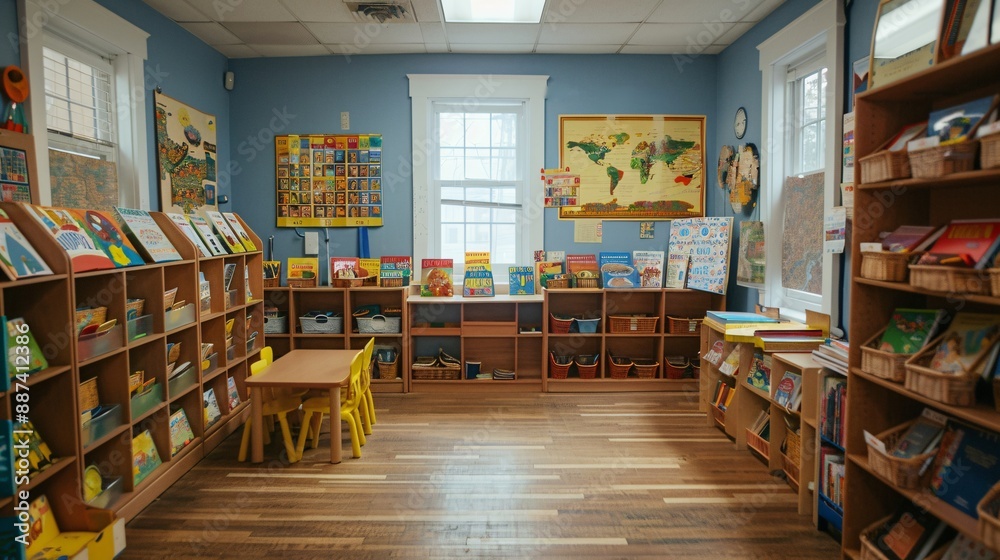 Colorful preschool classroom with multicultural books, world map, and ...